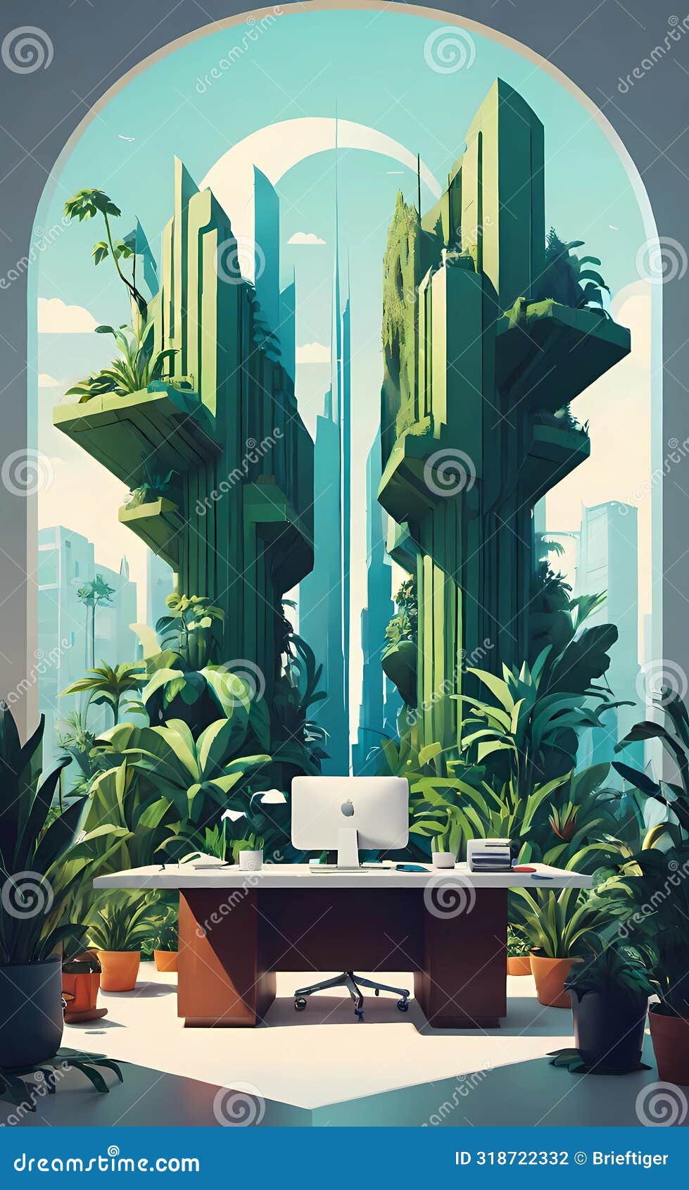 Concept Art of a Sustainable Workspace with Greenery and Office Desk ...