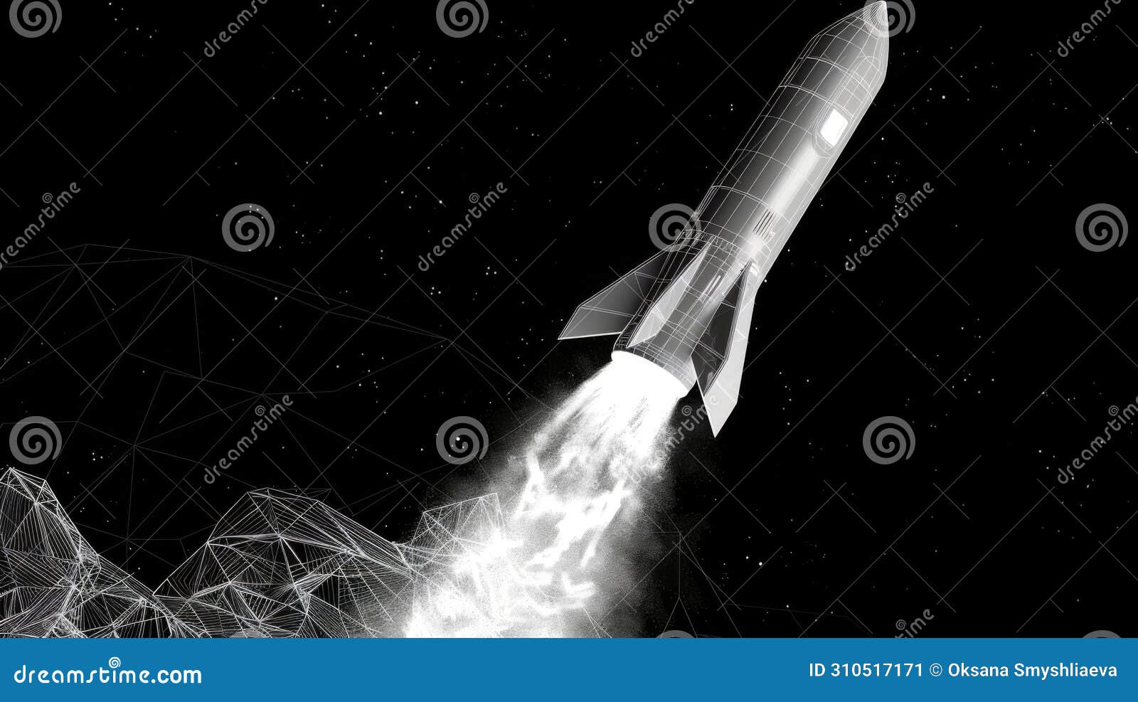 A Dynamic Illustration Showcasing a Wireframe Rocket Mid-launch, with a ...