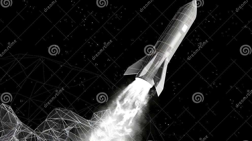 A Dynamic Illustration Showcasing a Wireframe Rocket Mid-launch, with a ...