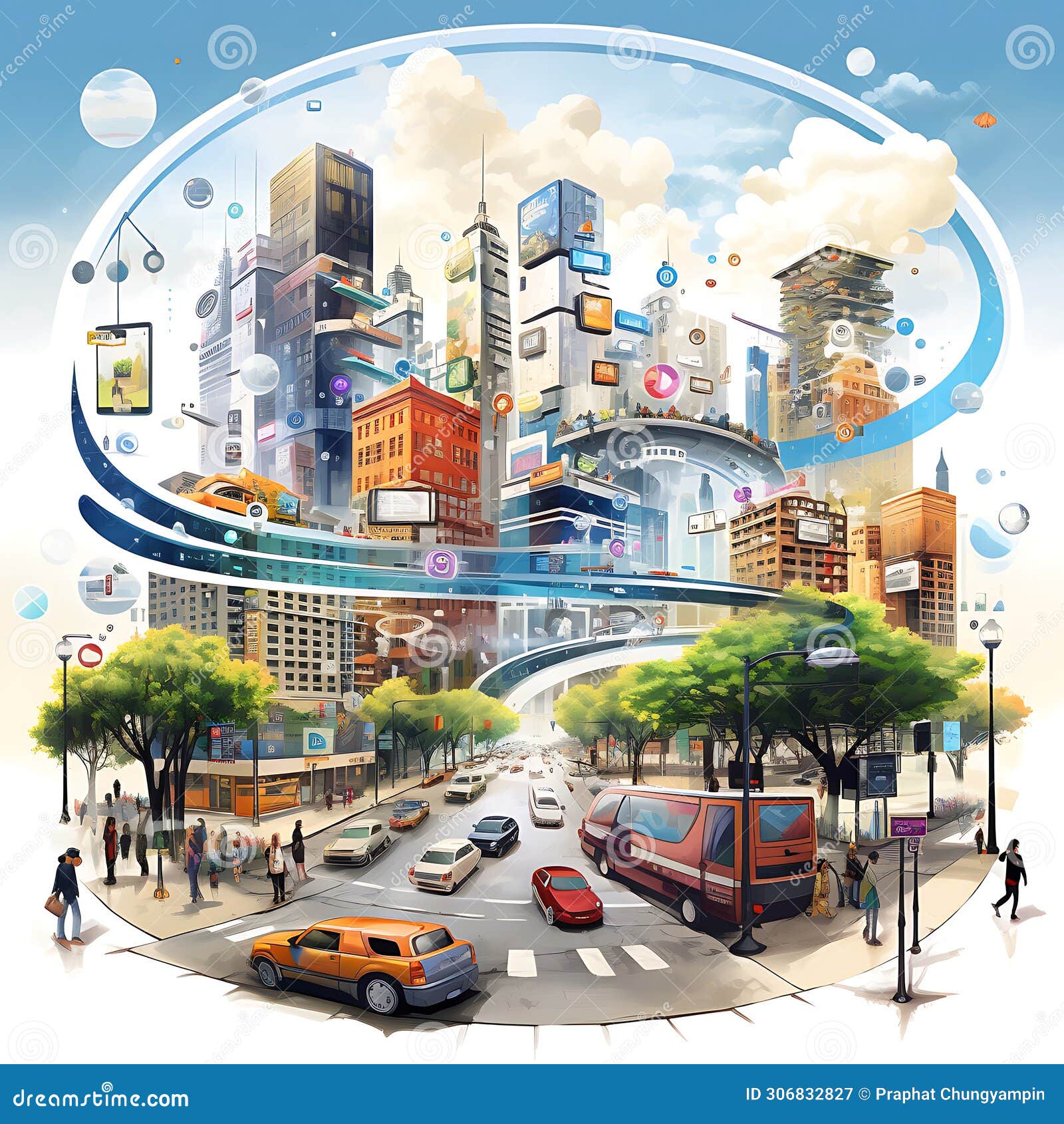 A Dynamic Illustration of a Smart City Intersection Where Digital ...