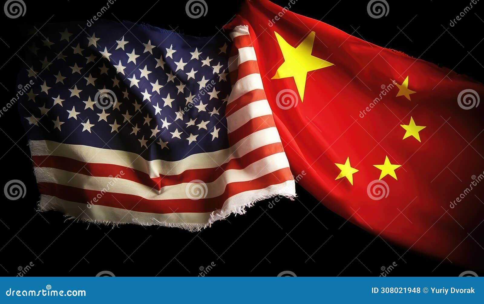 Dynamic Illustration of Torn Flags of China and USA, Symbolizing ...