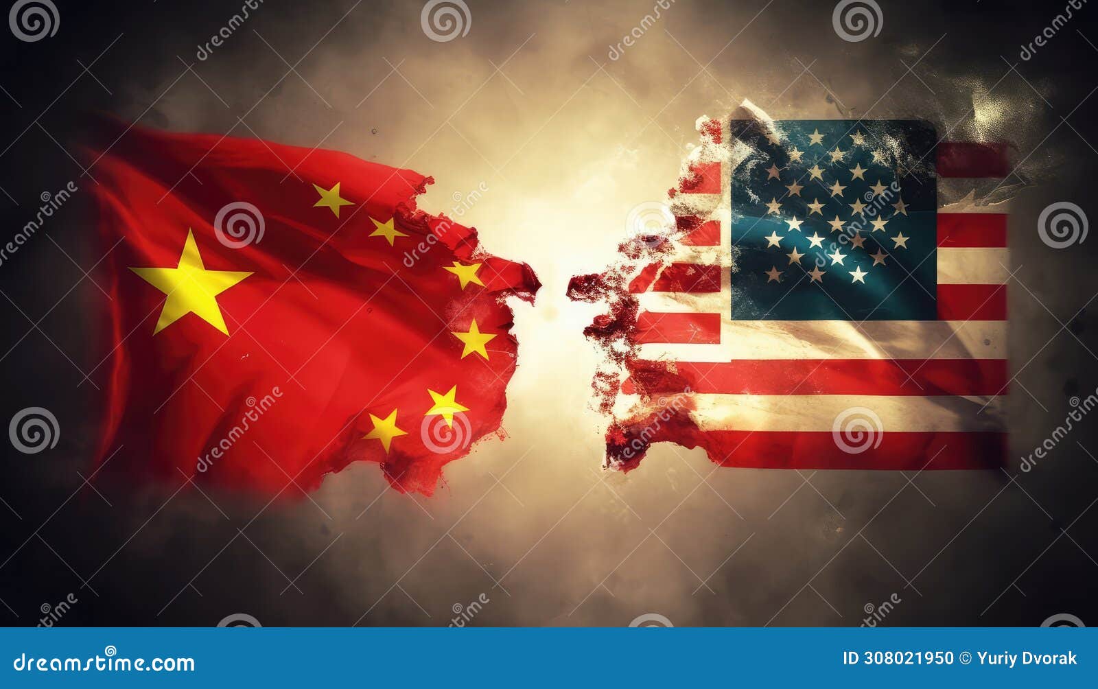 Dynamic Illustration of Torn Flags of China and USA, Symbolizing ...
