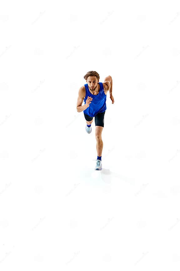 Dynamic Image of Athletic Young Man in Blue Uniform, Competitive Runner ...