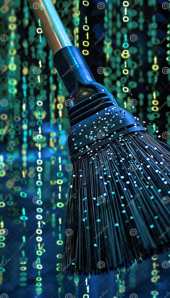 Dynamic Image of a Broom Sweeping Away Binary Code, Symbolizing Data ...