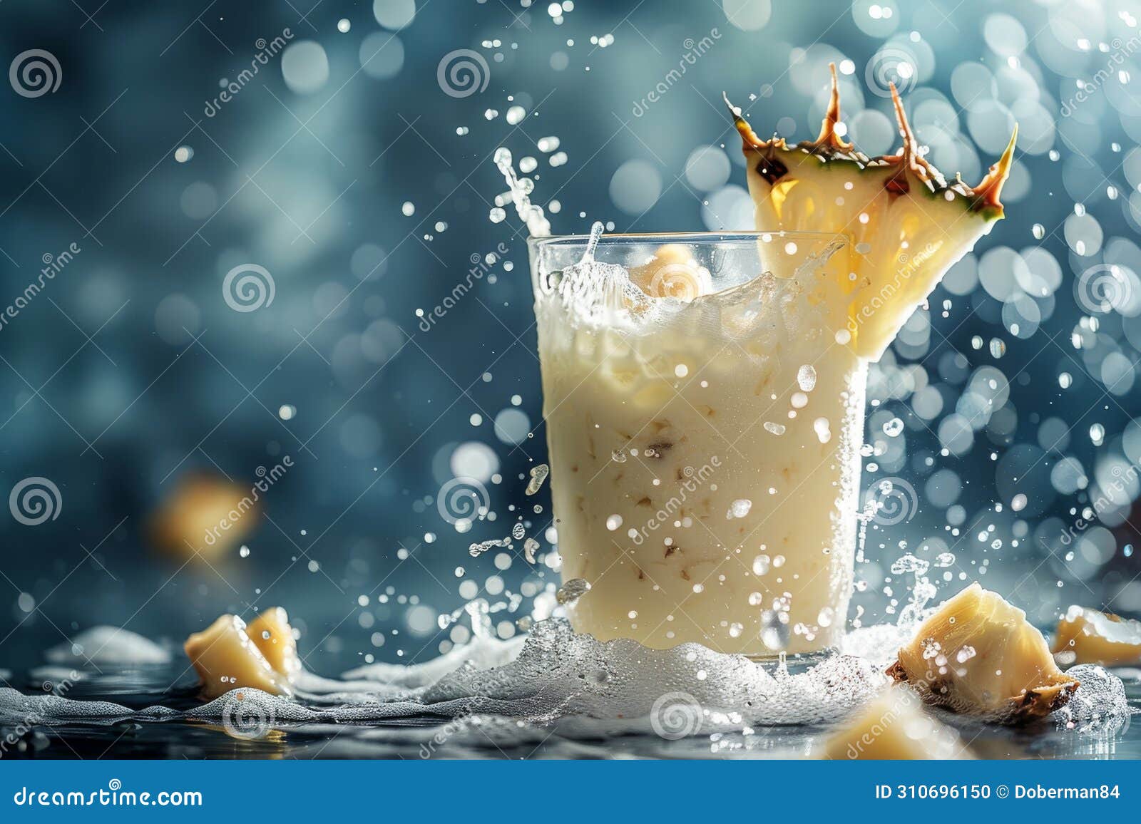 Pina Colada Cocktail Splash with Pineapple Pieces on a Radiant Navy ...