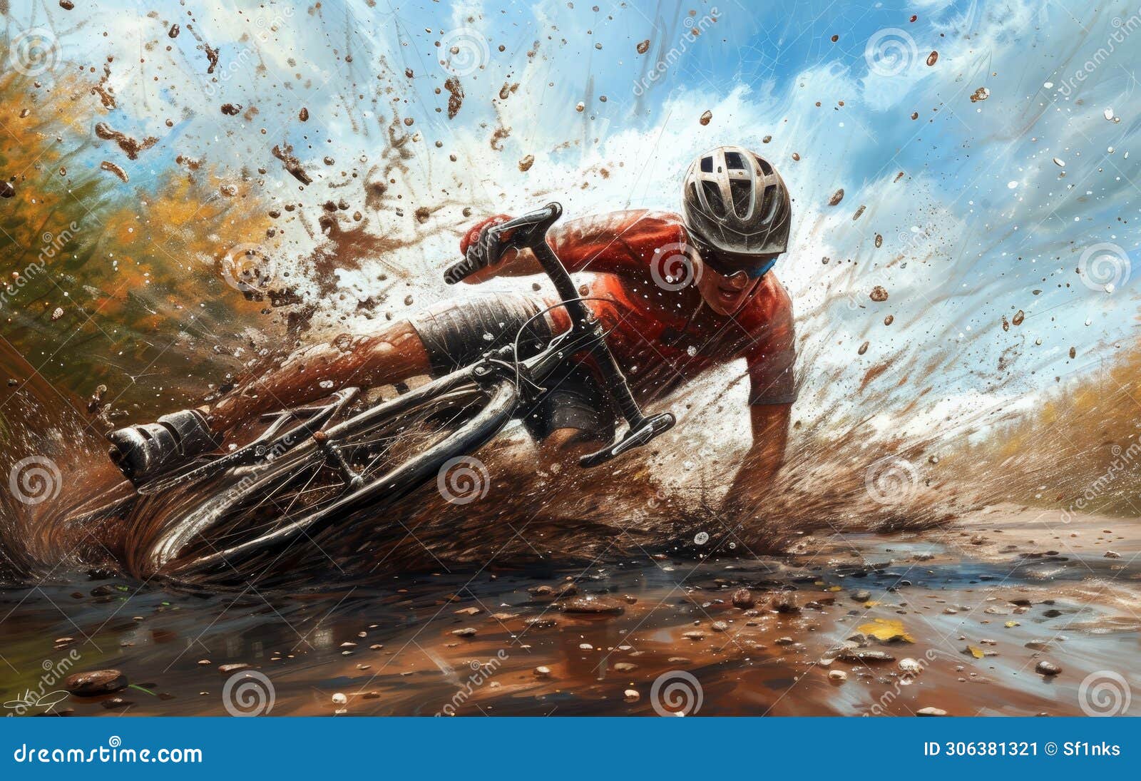 Dynamic Image of a Cyclist in Action, Splashing Mud, Amidst Nature ...
