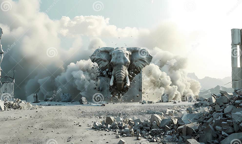 Elephant Breaking through Wall in Powerful Charge Stock Photo - Image ...