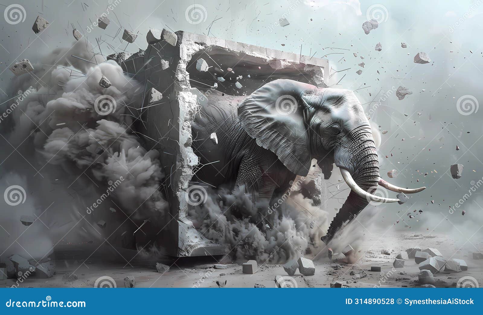 Elephant Breaking through Wall in Powerful Charge Stock Photo - Image ...