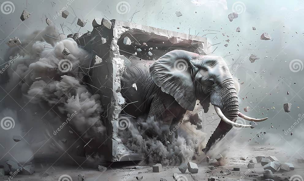 Elephant Breaking through Wall in Powerful Charge Stock Photo - Image ...