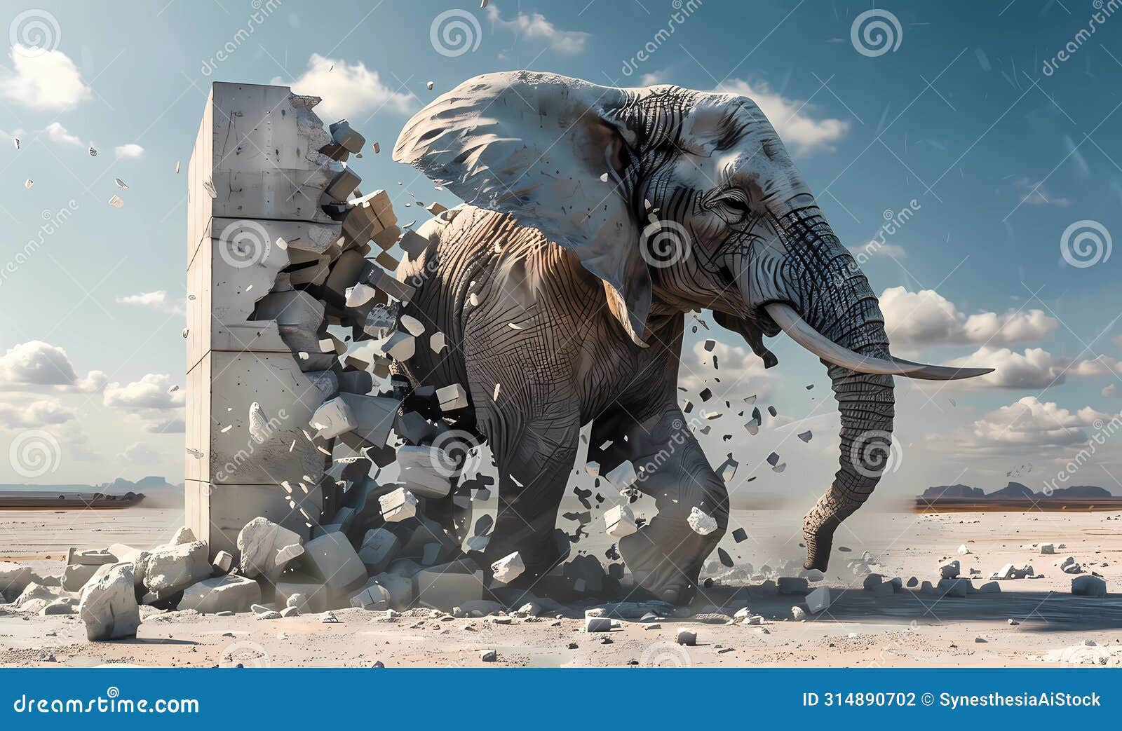 Elephant Breaking through Wall in Powerful Charge Stock Photo - Image ...