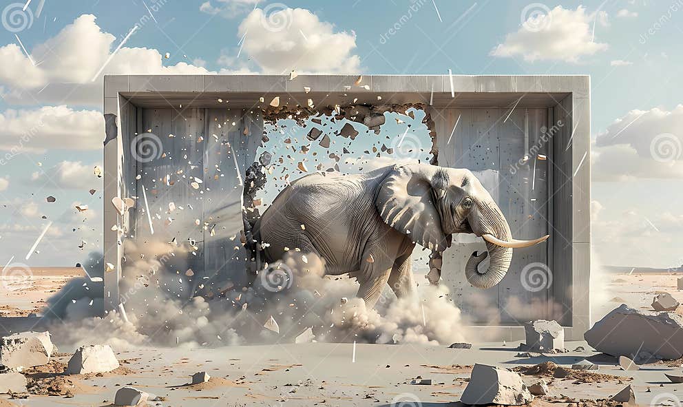 Elephant Breaking through Wall in Powerful Charge Stock Image - Image ...