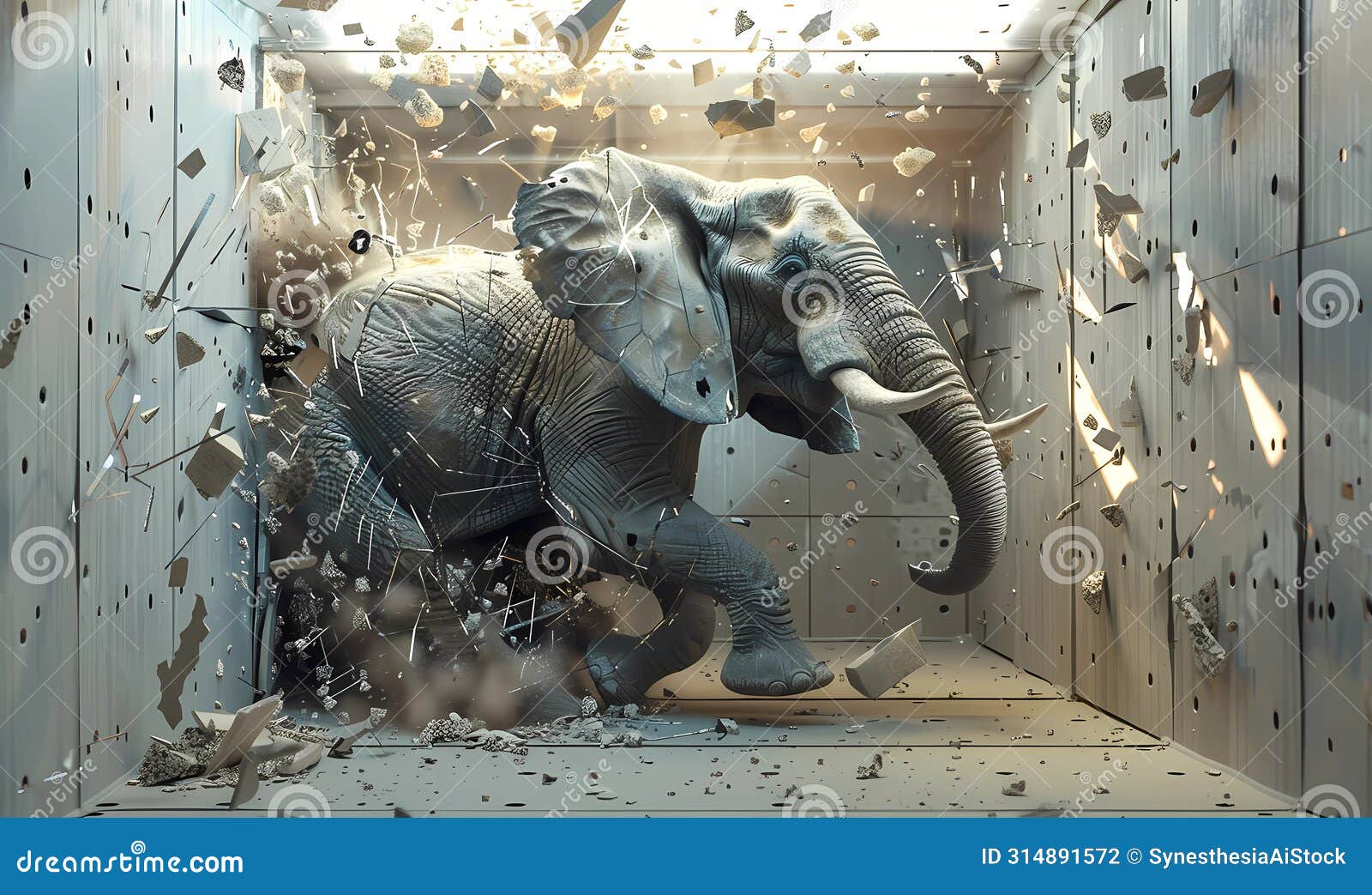 Elephant Breaking through Wall in Powerful Charge Stock Photo - Image ...