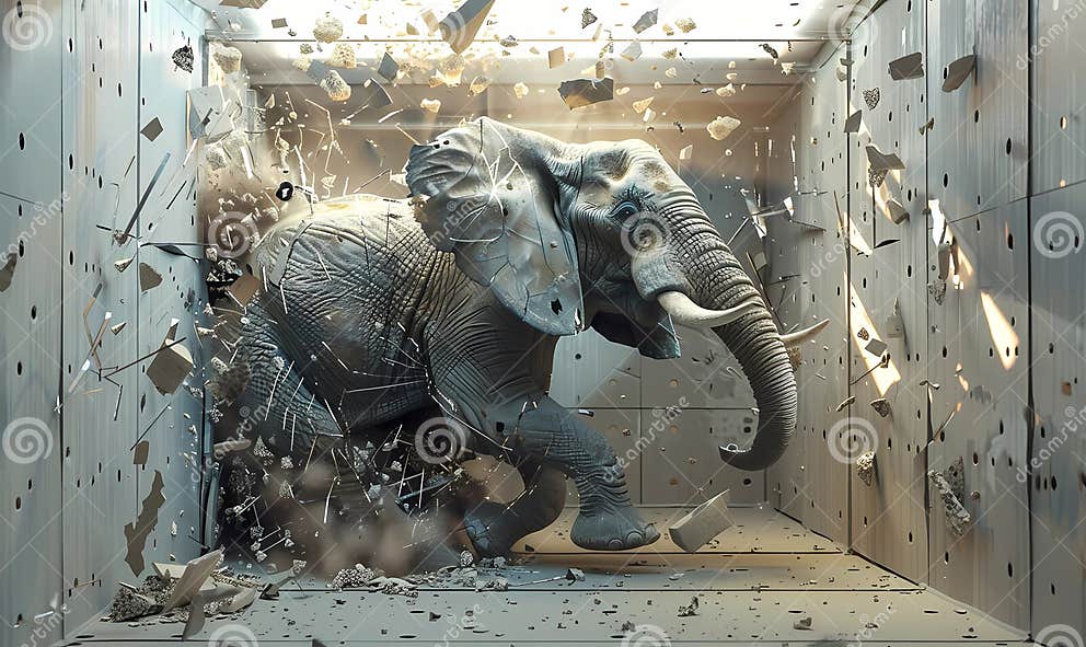 Elephant Breaking through Wall in Powerful Charge Stock Photo - Image ...