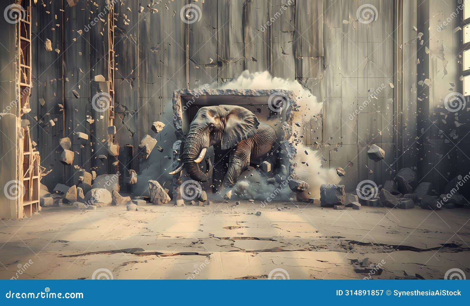 Elephant Breaking through Wall in Powerful Charge Stock Image - Image ...