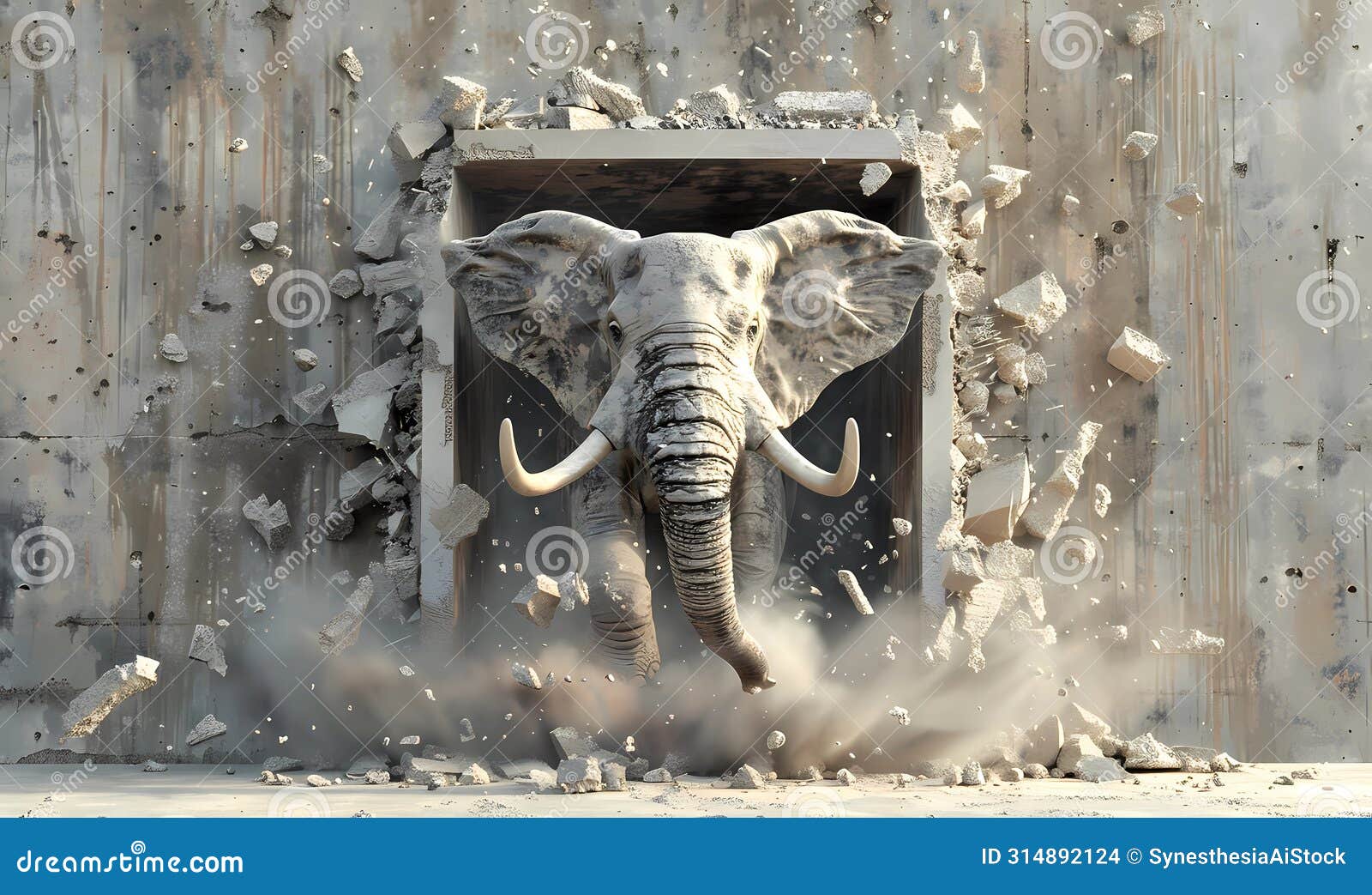 Elephant Breaking through Wall in Powerful Charge Stock Photo - Image ...
