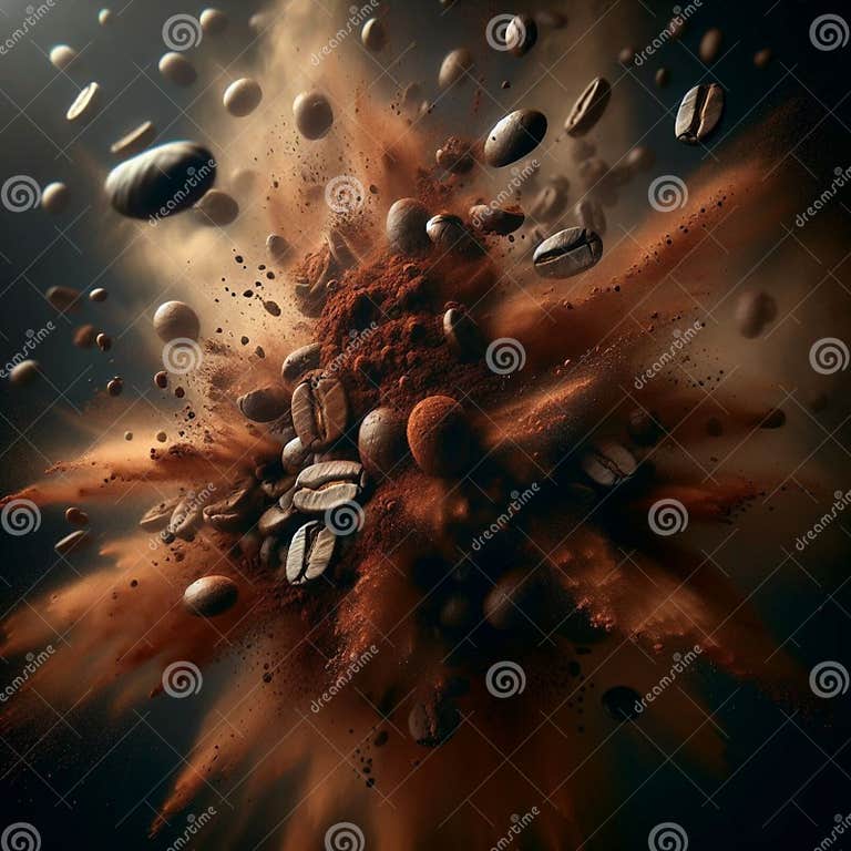 A Dynamic Image of Exploding Coffee Beans and Ground Coffee, Creating a ...
