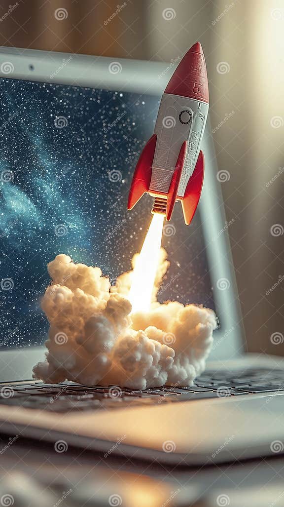 Dynamic Rocket Launch from Modern Laptop Screen Stock Illustration ...