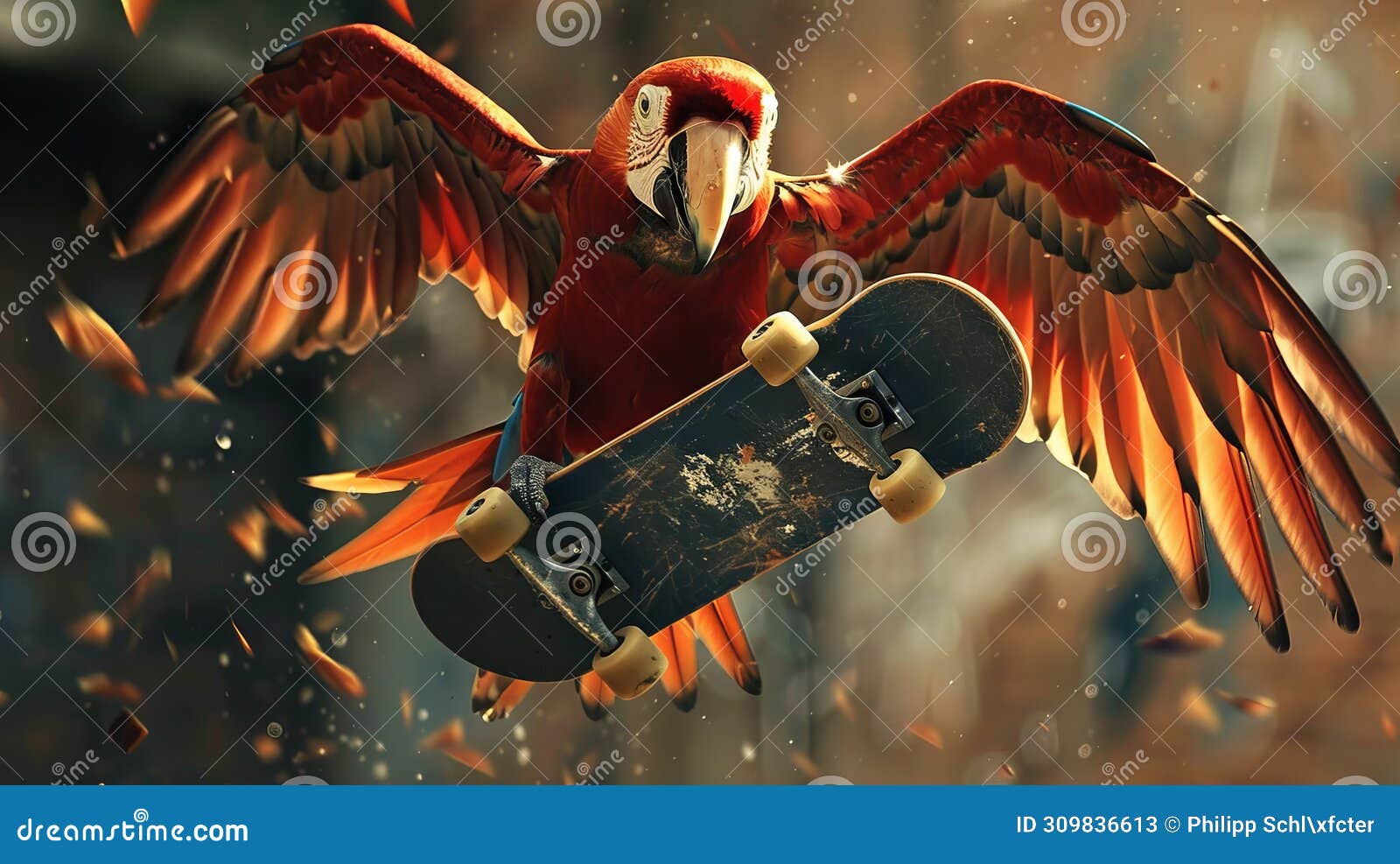 Majestic Red Macaw Parrot Performing a Skateboard Trick Mid-Air ...