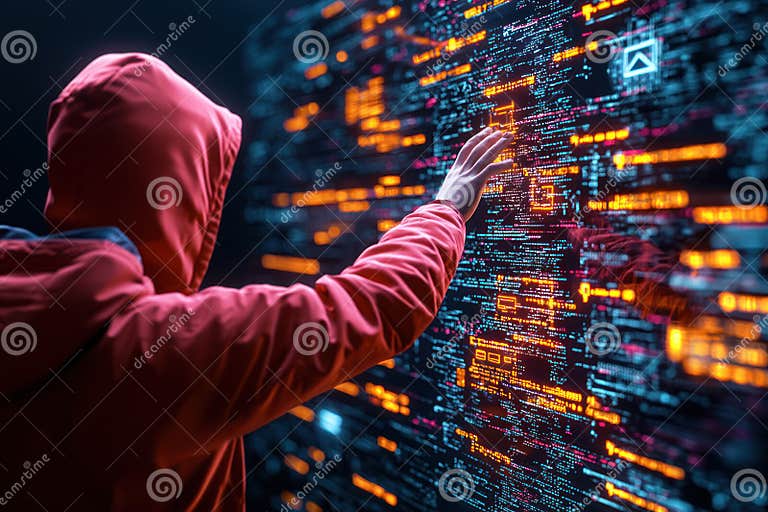 Dynamic Image Featuring Hacker Reaching Toward Virtual Screen Filled ...