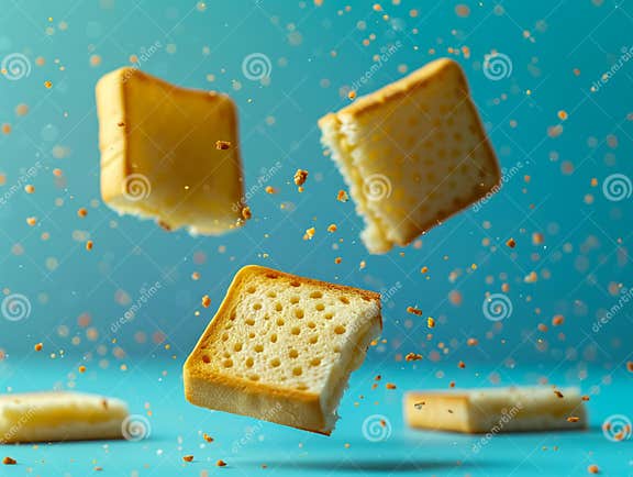 Dynamic Image of Levitating Cracker Biscuits with Crumbs Falling on a ...