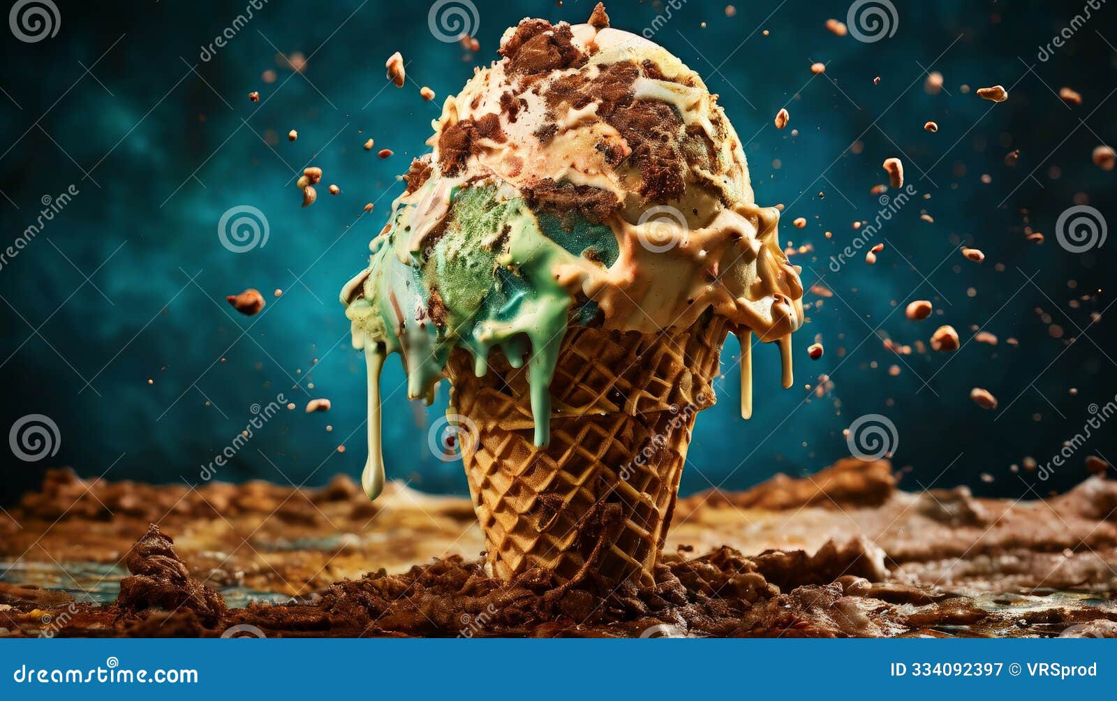 Melting Ice Cream Cone Explosion with Chocolate and Mint Flavors Stock ...