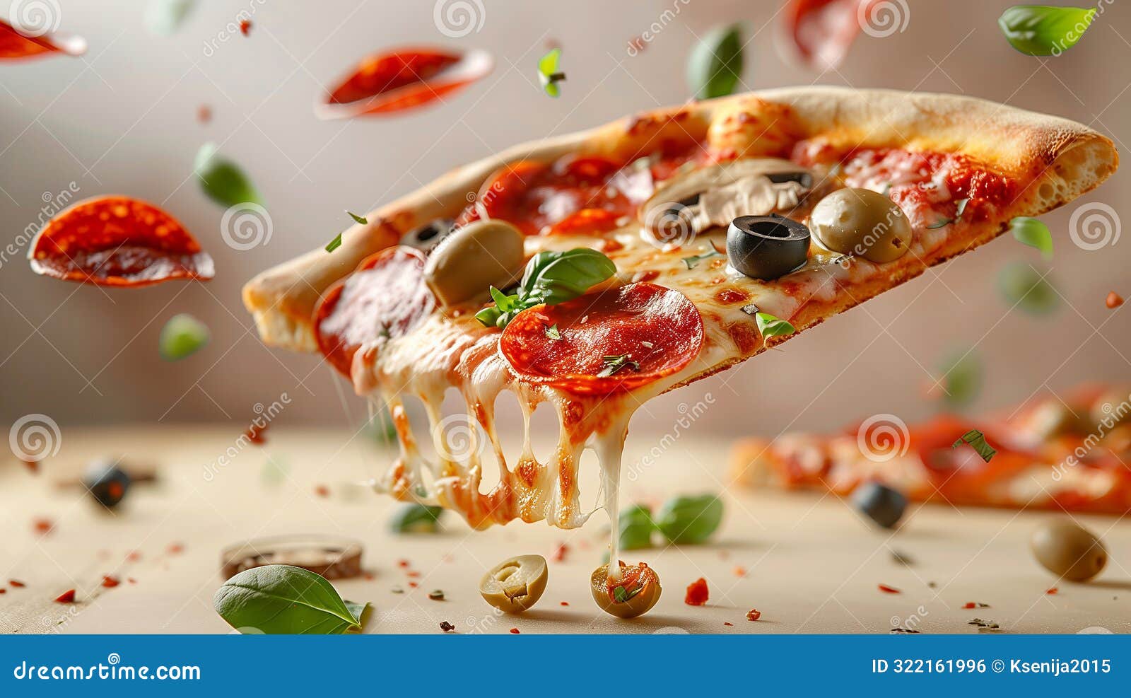 Dynamic Image of Pizza Slices with Melting Cheese and Various Toppings ...