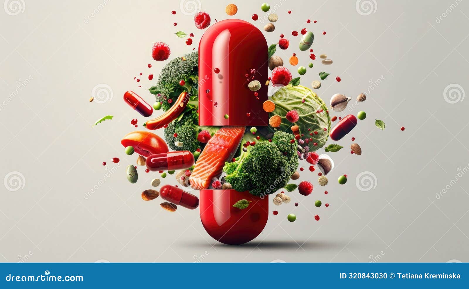 Dynamic Image of a Red Capsule Bursting with Nutritious Foods Stock ...