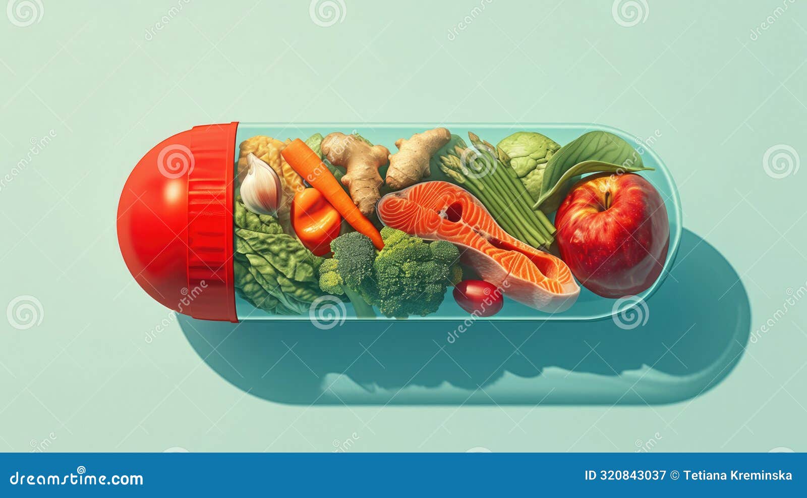 Dynamic Image of a Red Capsule Bursting with Nutritious Foods Stock ...