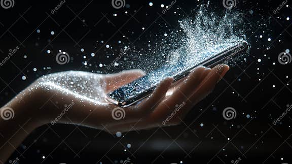 Smartphone Dissolving into Particles Held in Hand Against Dark ...