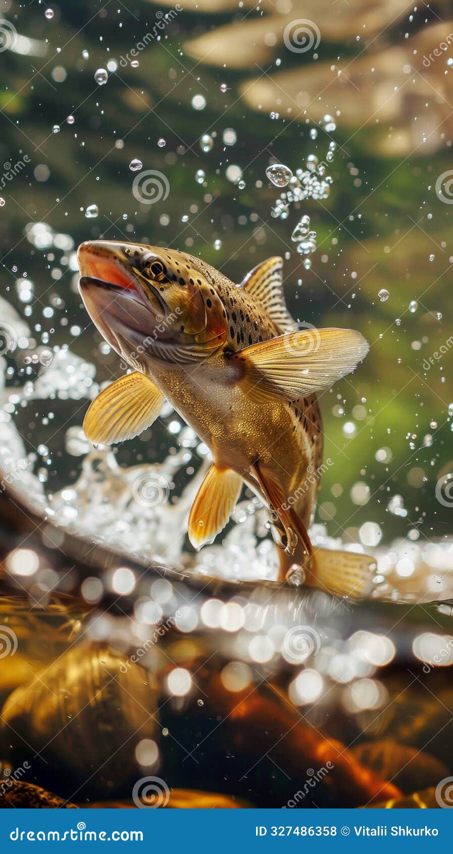 Dynamic Image of a Trout Leaping Out of Water with Splashes and Bubbles ...