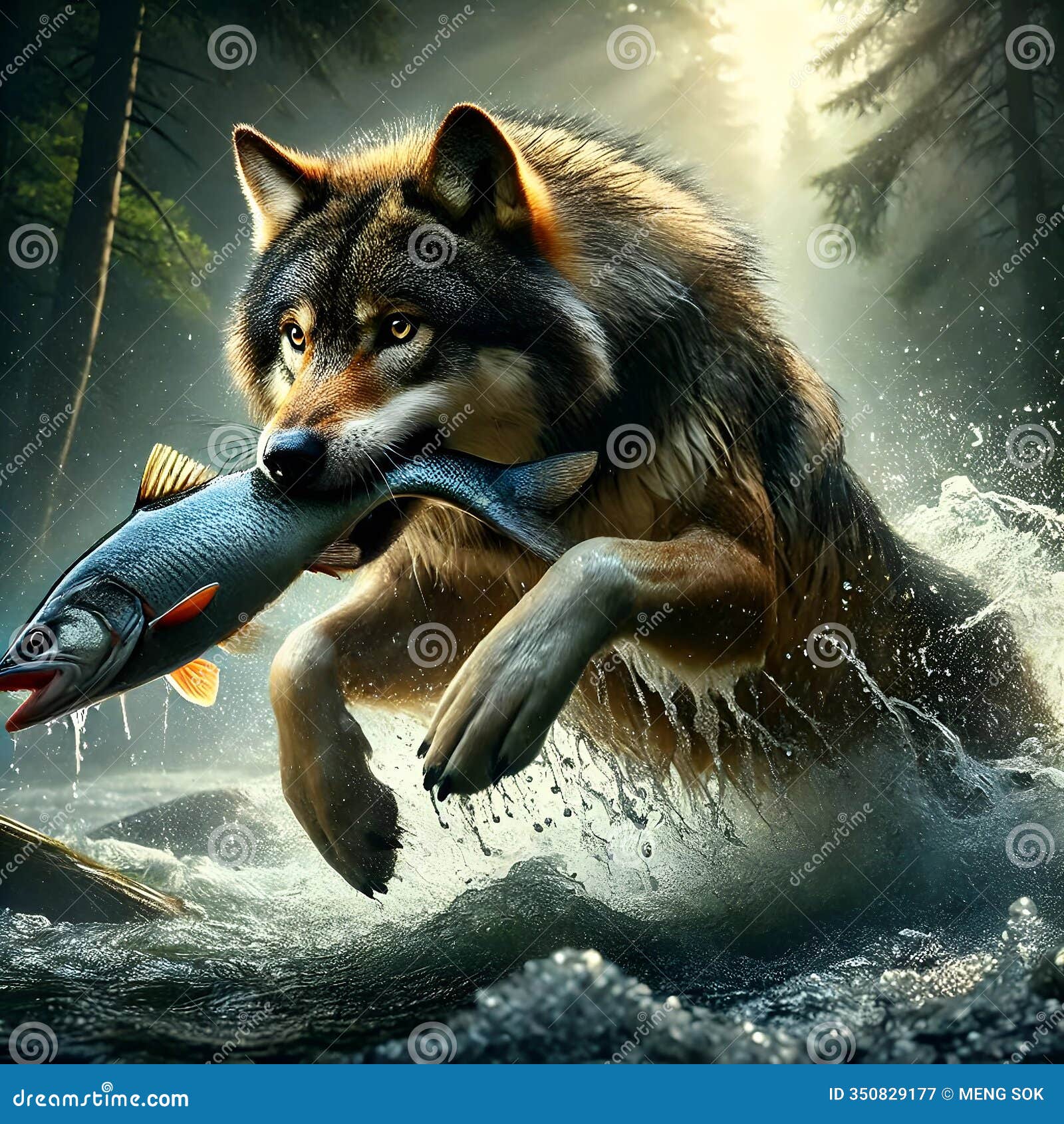 A Dynamic Image of a Wolf Holding a Fish in Its Mouth while Splashing ...
