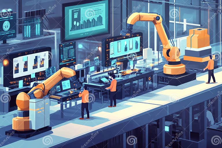 Dynamic Industrial Workspace Featuring Robotic Arms. Workers ...