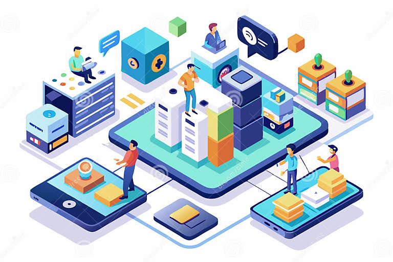 A Dynamic Isometric Illustration Depicts Users Engaging with App ...