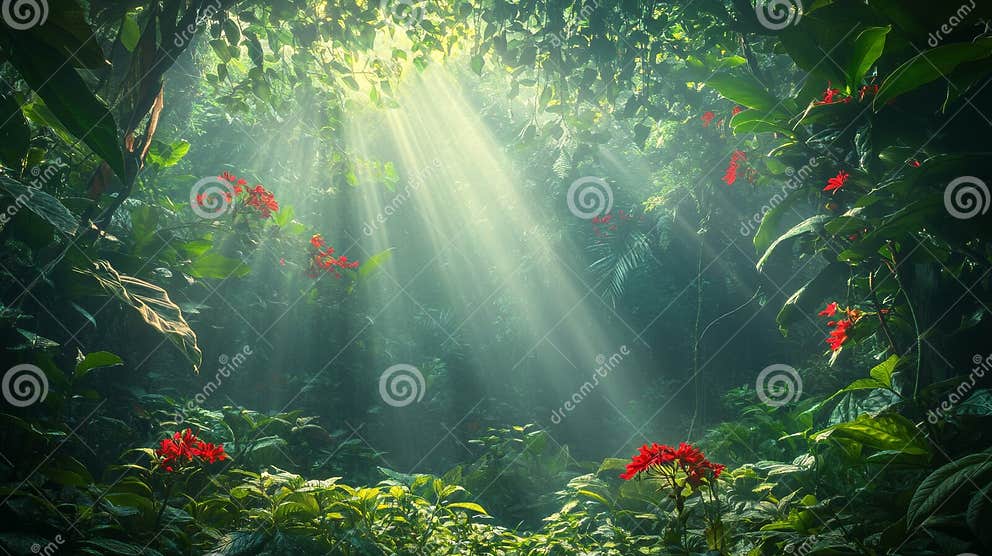 A Dynamic Jungle Setting Alive with Lush Greenery and Flowers. Stock ...