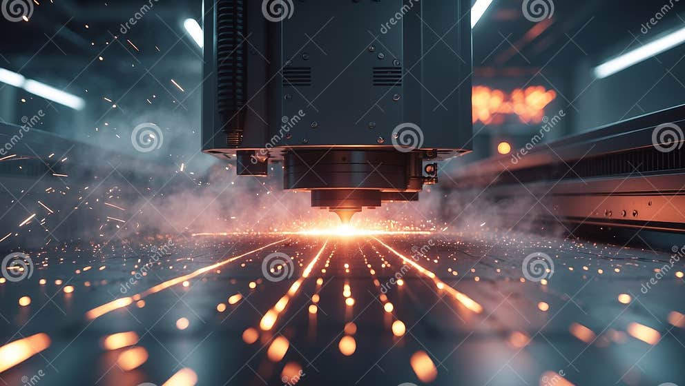 Dynamic Laser Machine at Work Sparks and Light Beams on Metal Surface ...
