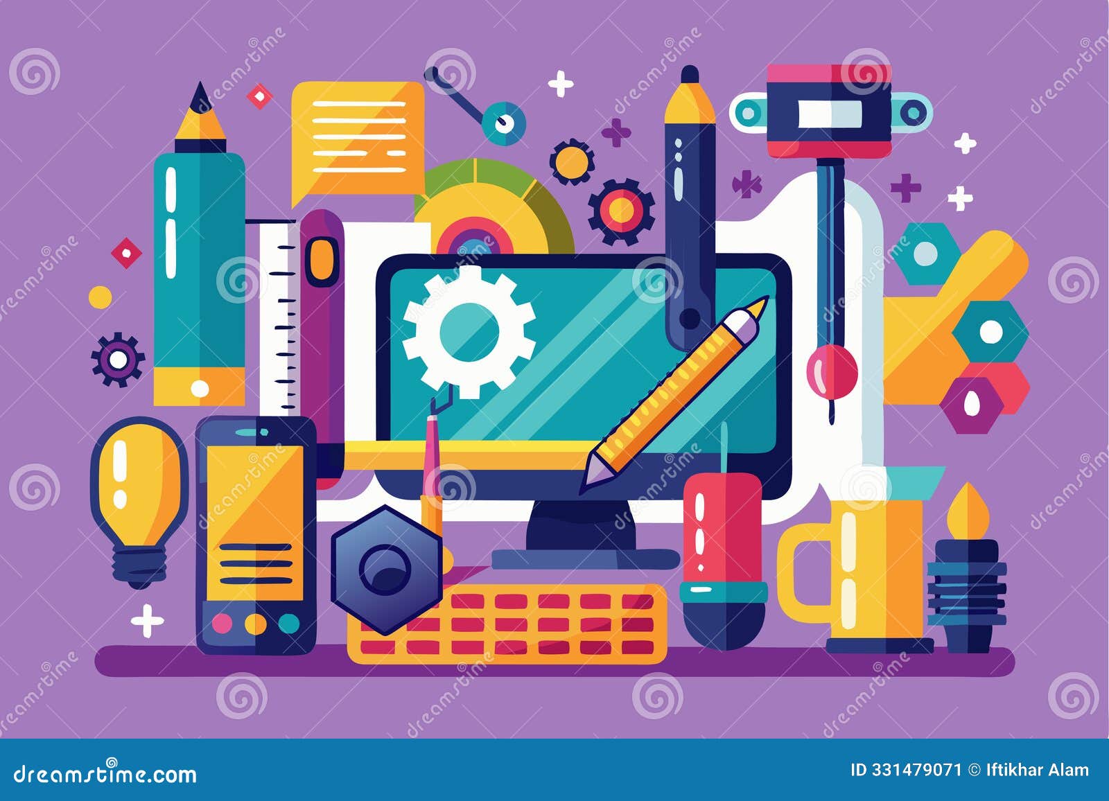 A Dynamic Layout Showcasing Various Design Tools Including a Computer ...