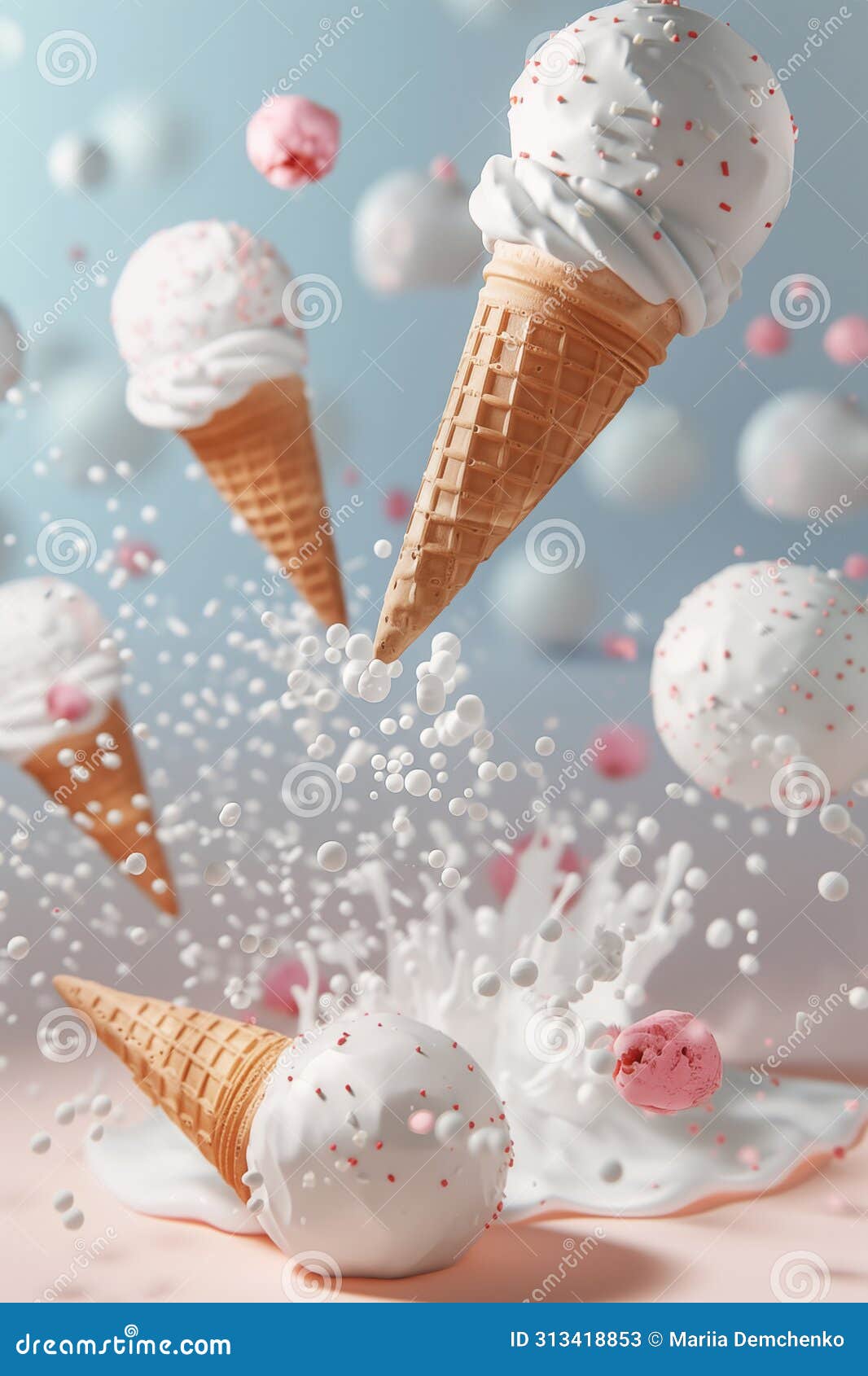 Dynamic Levitating Ice Cream Cones with Splashing Milk and Flying ...