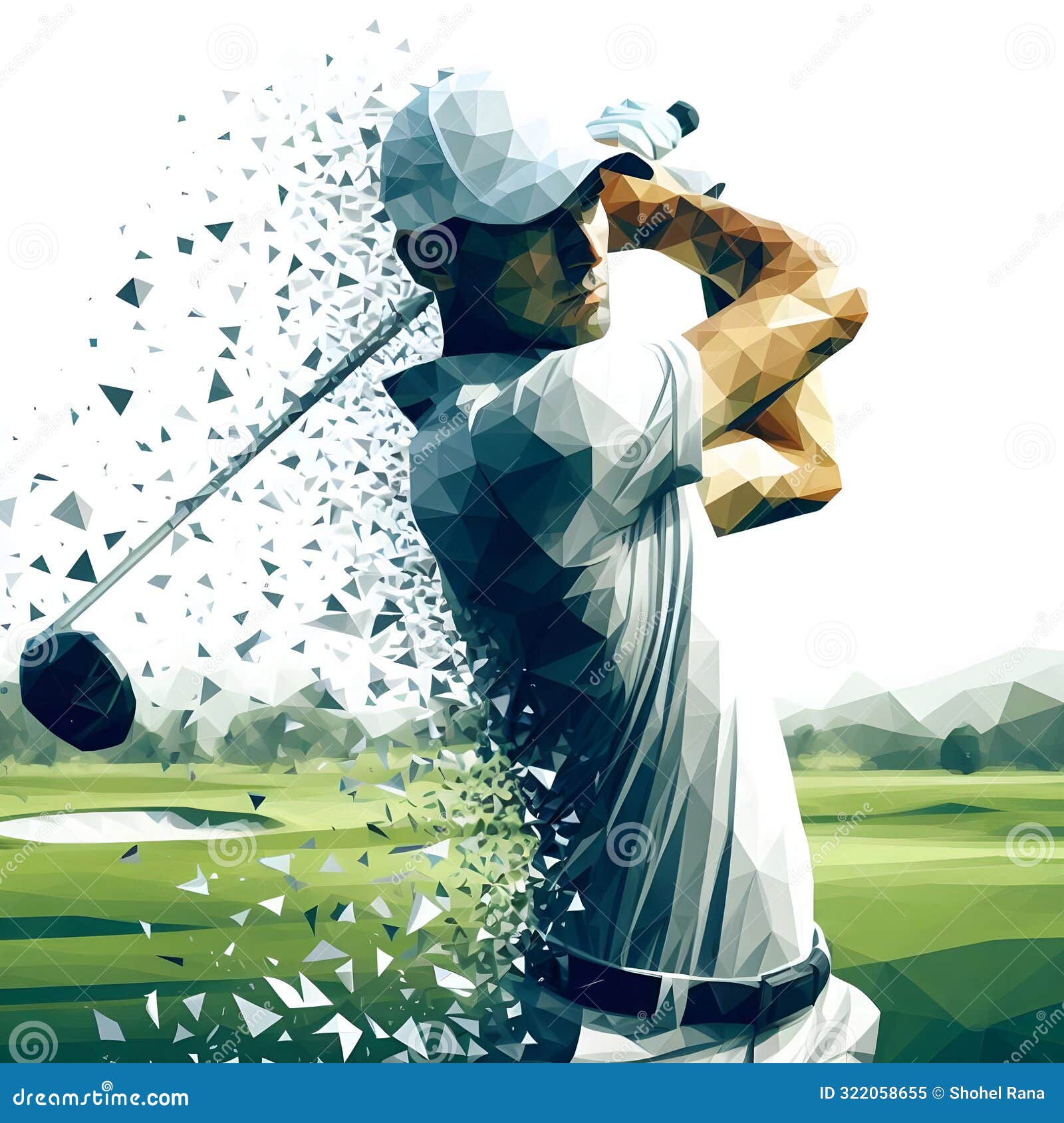 Dynamic Low Poly Golf Player with Shatter Effect on White Background ...