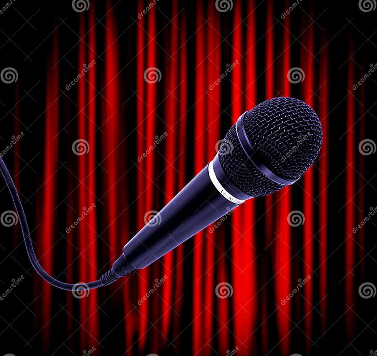 Dynamic Microphone in Front of Red Stage Curtains, Symbolizing ...