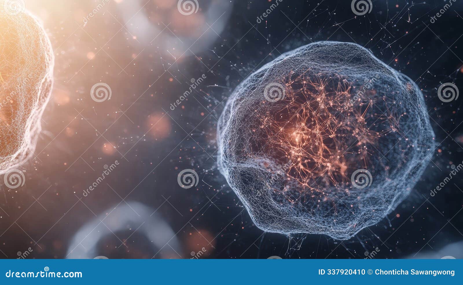 Dynamic Microscopic View of a Cell with Glowing Particles, Illustrating ...