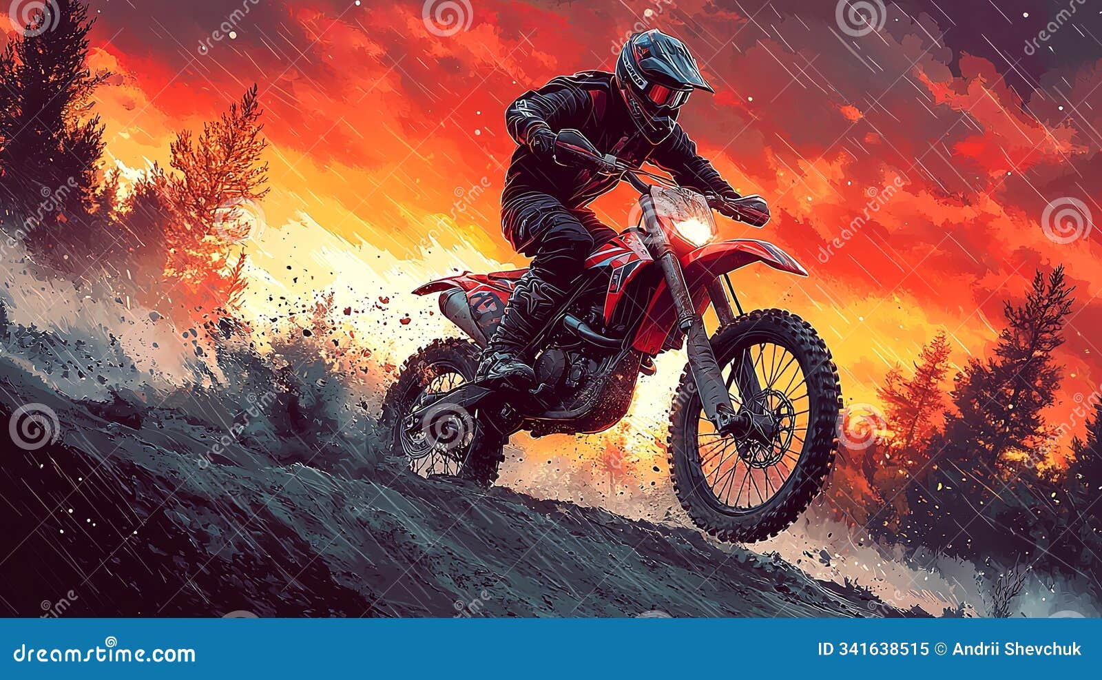 Dynamic Motocross Rider Accelerating through Dramatic Sunset Landscape ...