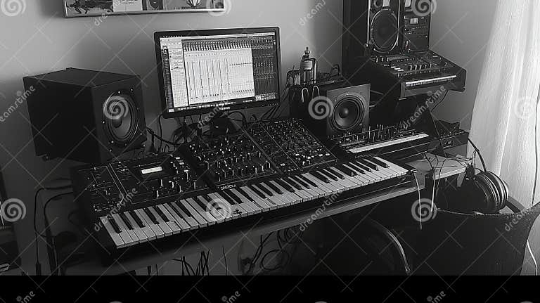 Dynamic Music Studio Setup Featuring Synthesizer and Mixing Board in Creative Workspace ...