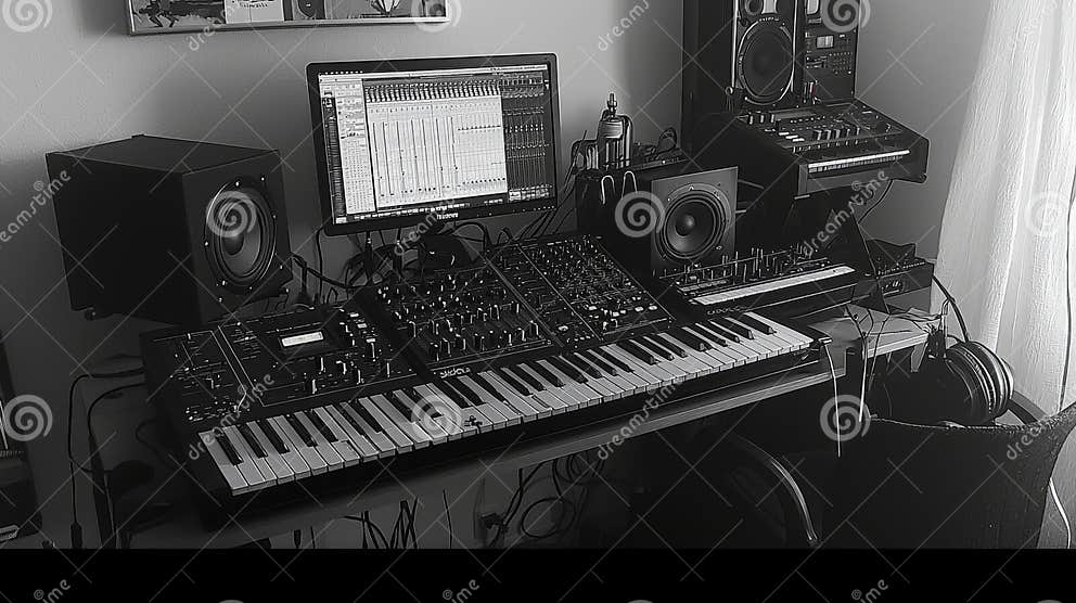 Dynamic Music Studio Setup Featuring Synthesizer and Mixing Board in ...