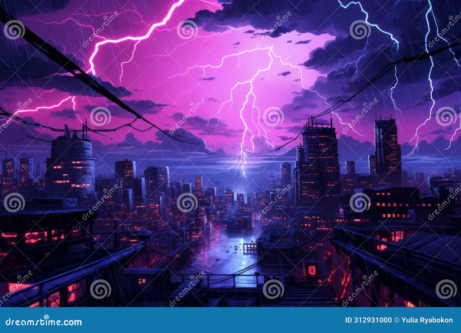 Dynamic Neon City Thunder. Future Night Street Stock Photo - Image of ...