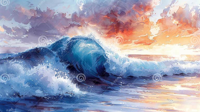 Dynamic Ocean Wave at Sunset - Generative Ai Stock Illustration ...