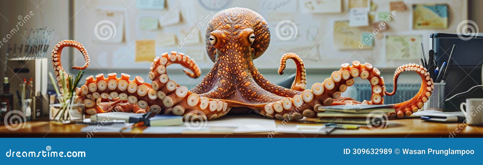 Dynamic Office Scene with a Smiling Octopus Masterfully Balancing a ...