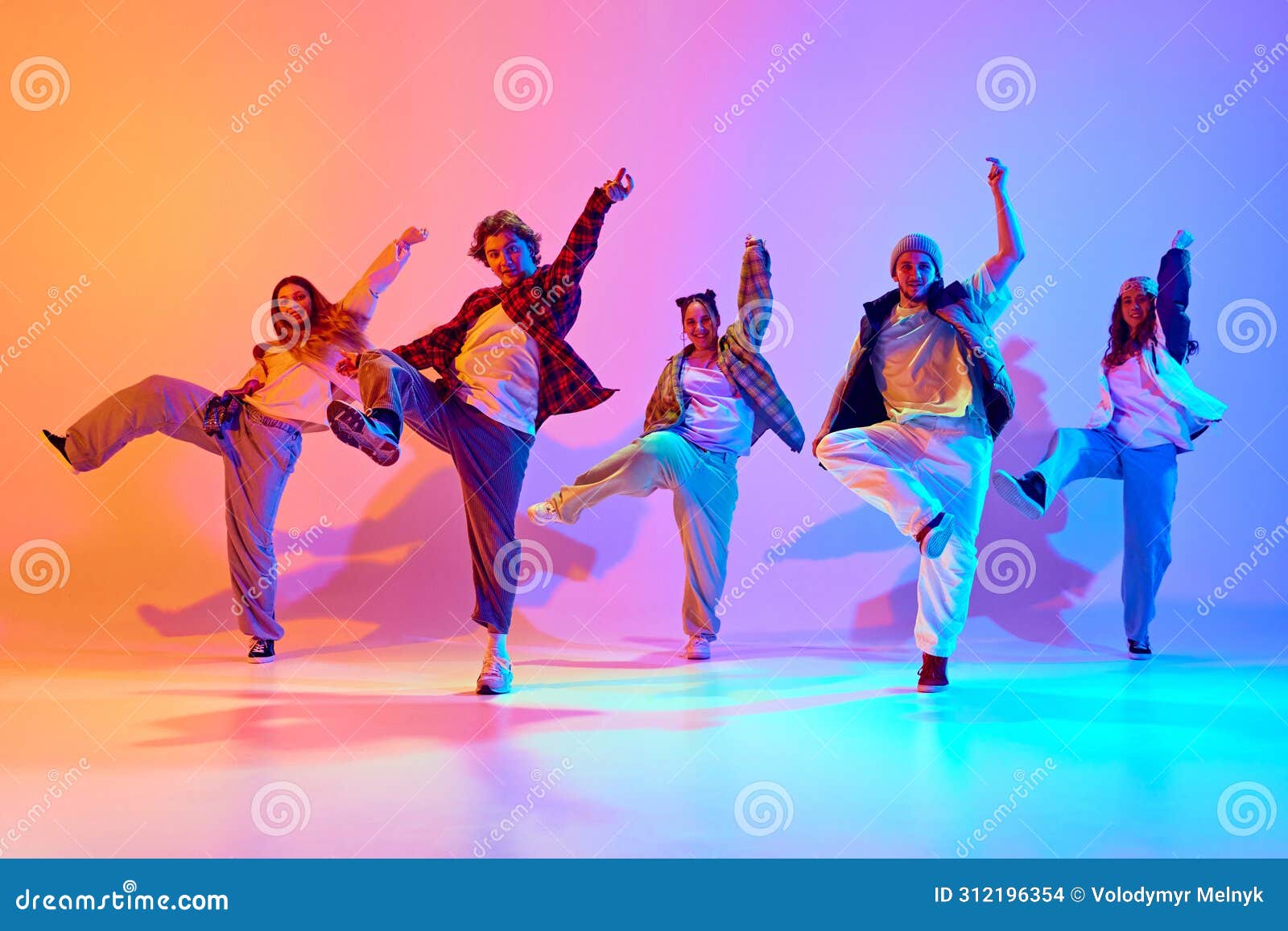 Dynamic Performance of Five Talented Dancers in Motion, Dancing Modern ...