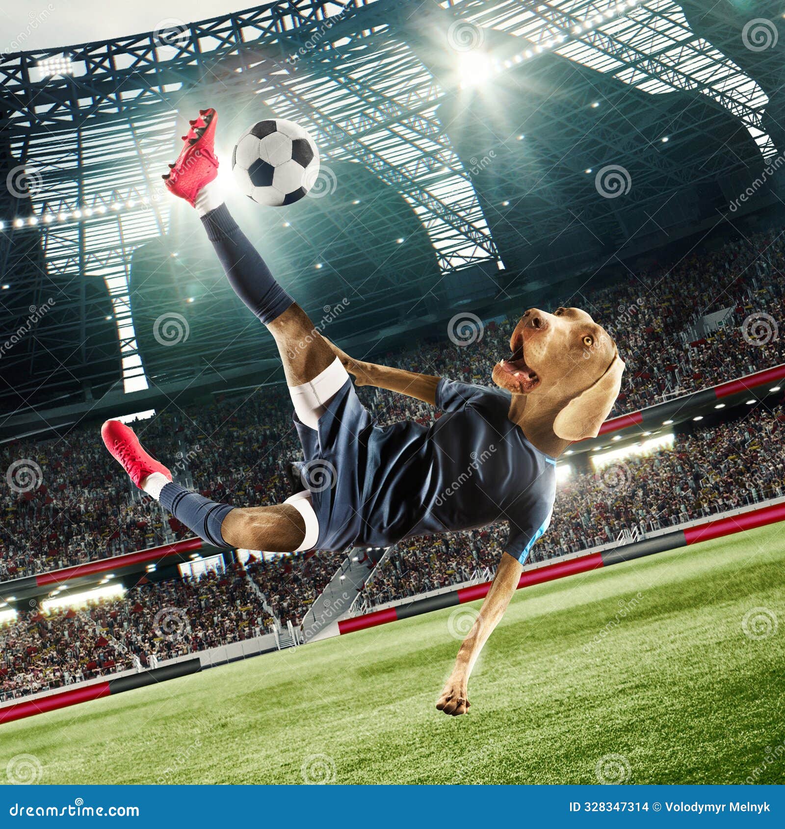 Dynamic and Playful Pose of Male Soccer Player in Blue Uniform, Headed ...