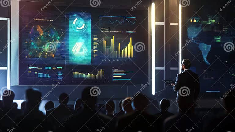Dynamic Presentation Scene with Speaker and Data Visualizations Stock Photo - Image of ...