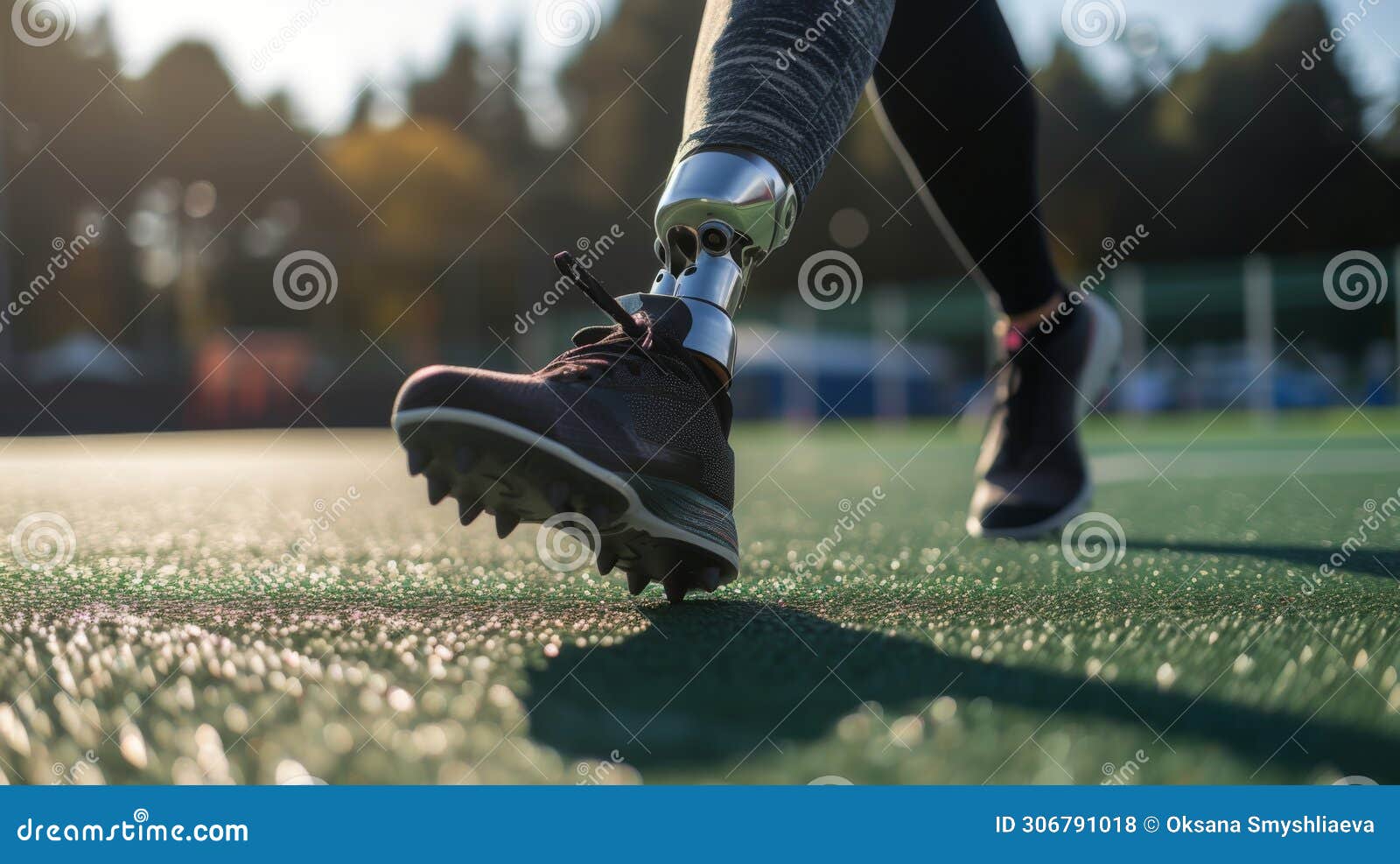 Dynamic Prosthetic Foot in Athletic Action. Close-up of an Athletic ...